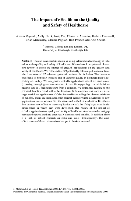 (PDF) The Impact of eHealth on the Quality and Safety of Healthcare