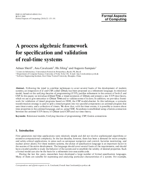 (PDF) A process algebraic framework for specification and validation of real-time systems