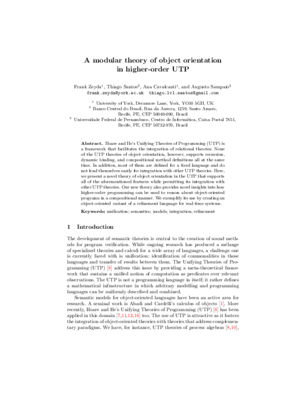 (PDF) A Modular Theory of Object Orientation in Higher-Order UTP | Augusto Sampaio - Academia.edu