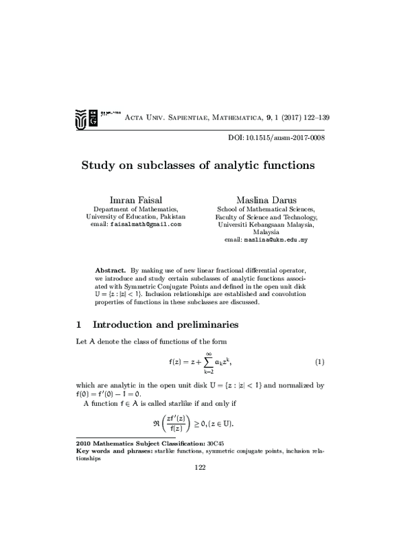 (PDF) Study on subclasses of analytic functions