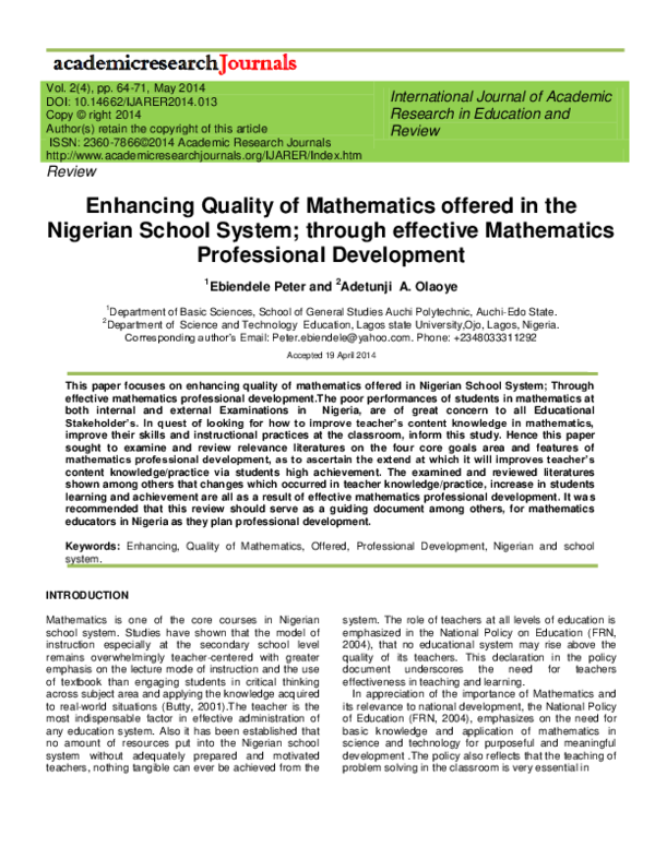 (PDF) Enhancing Quality of Mathematics offered in the Nigerian School System; through effective ...