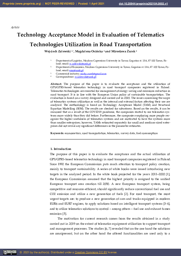 (PDF) Technology Acceptance Model in Evaluation of Telematics Technologies Utilization in Road ...