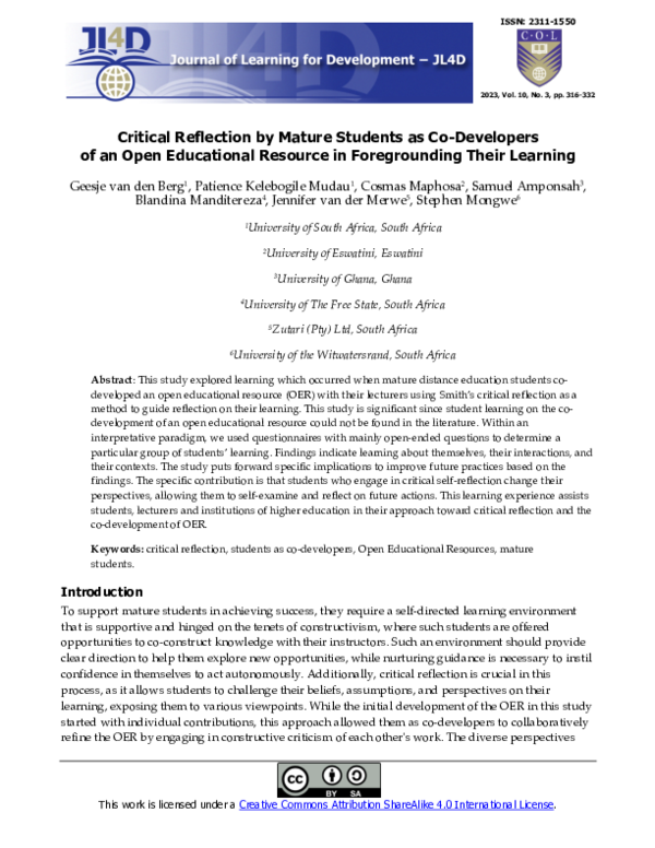 (PDF) Critical Reflection by Mature Students as Co-Developers of an Open Educational Resource in ...