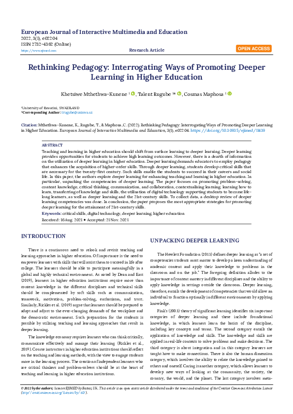 (PDF) Rethinking Pedagogy: Interrogating Ways of Promoting Deeper ...