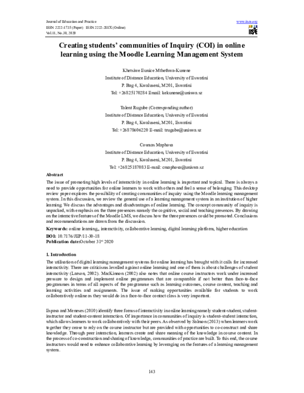 (PDF) Creating students’ communities of Inquiry (COI) in online learning using the Moodle ...