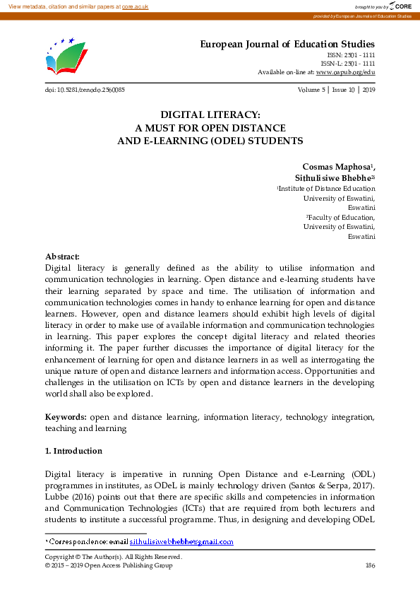 (PDF) Digital Literacy: A Must for Open Distance and E-Learning (Odel ...