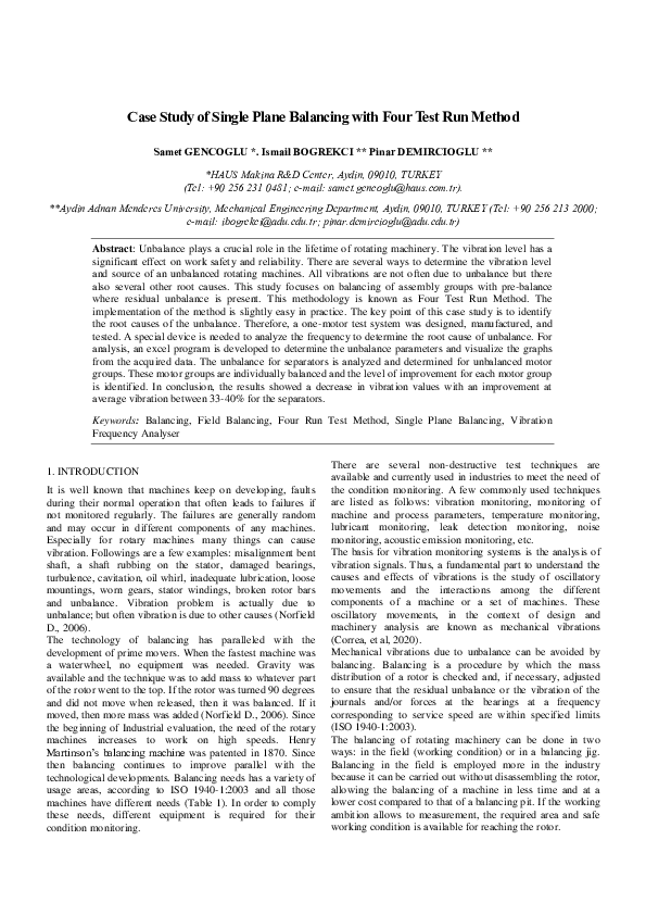(PDF) Case Study of Single Plane Balancing with Four Test Run Method