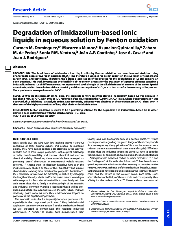(PDF) Degradation of imidazolium‐based ionic liquids in aqueous solution by Fenton oxidation