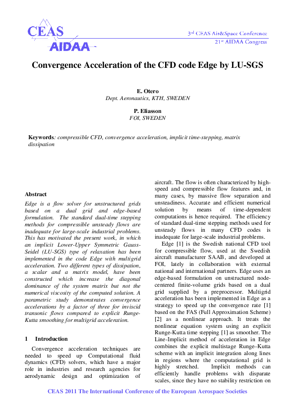 Pdf Convergence Acceleration Of The Cfd Code Edge By Lu Sgs 