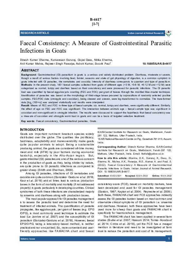 (PDF) Faecal Consistency: A Measure of Gastrointestinal Parasitic ...