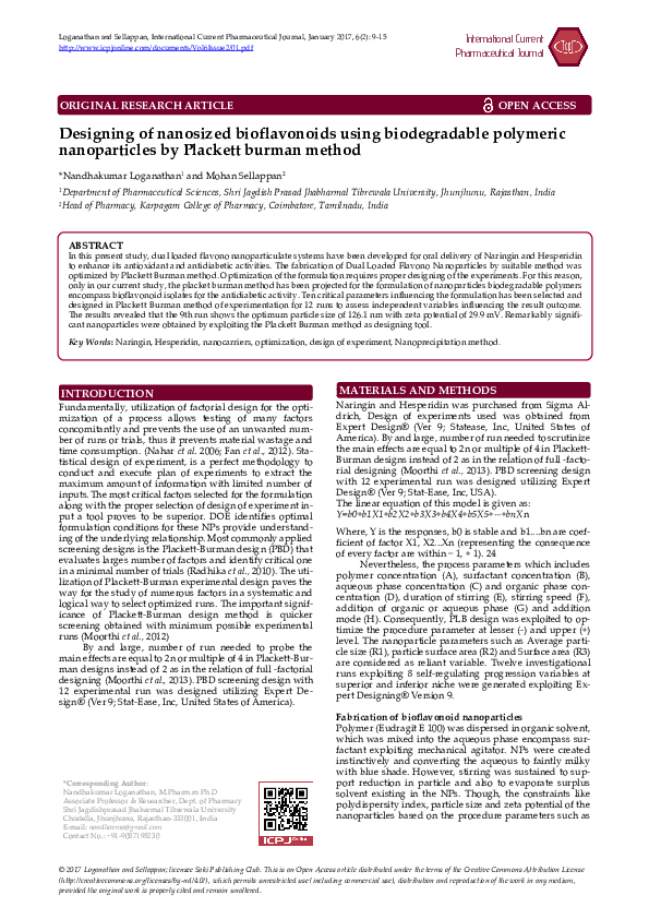 Pdf Designing Of Nanosized Bioflavonoids Using Biodegradable Polymeric Nanoparticles By