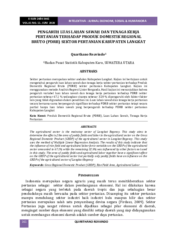(PDF) Pengaruh Luas Lahan Sawah Dan Tenaga Kerja Pertanian Terhadap Produk Domestik Regional ...