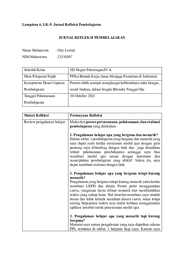 (PDF) Lampiran 6. LK-5: Jurnal Refleksi Pembelajaran JURNAL REFLEKSI PEMBELAJARAN Nama Mahasiswa ...