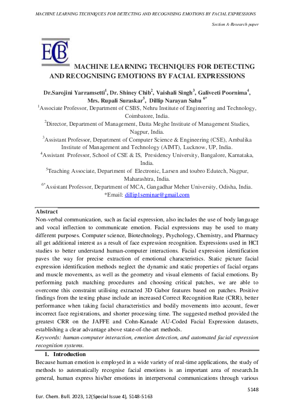 (PDF) MACHINE LEARNING TECHNIQUES FOR DETECTING AND RECOGNISING EMOTIONS BY FACIAL EXPRESSIONS