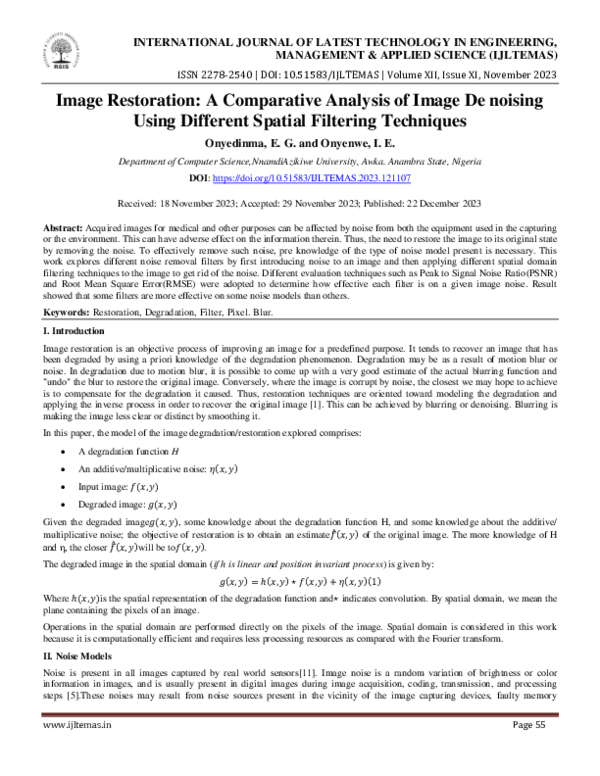 (PDF) Image Restoration: A Comparative Analysis of Image De noising Using Different Spatial ...