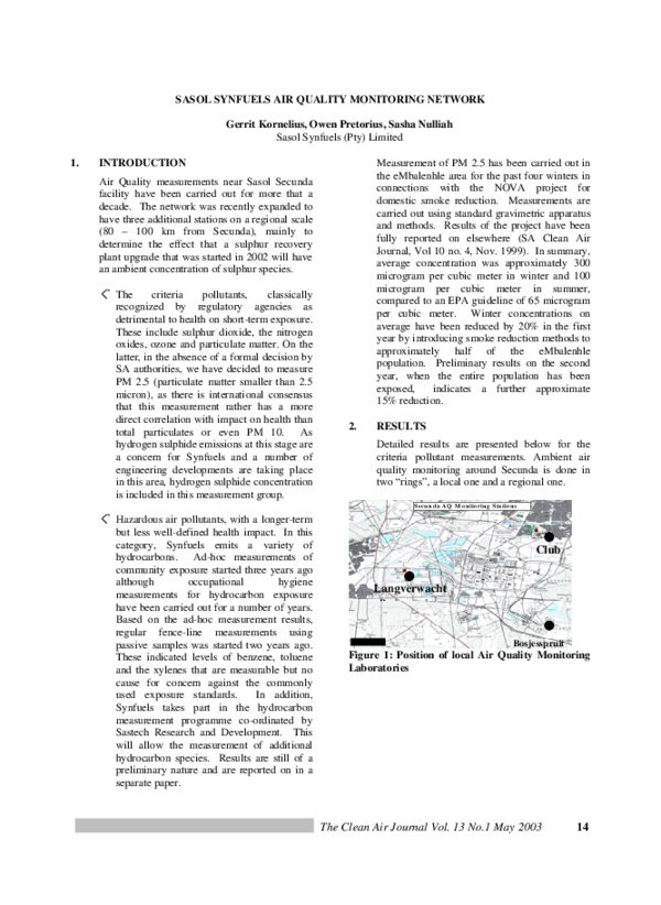 (PDF) Sasol Synfuels Air Quality Monitoring Network