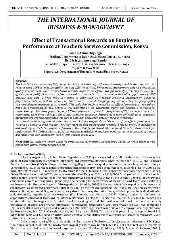(PDF) Effect of Transactional Rewards on Employee Performance at ...