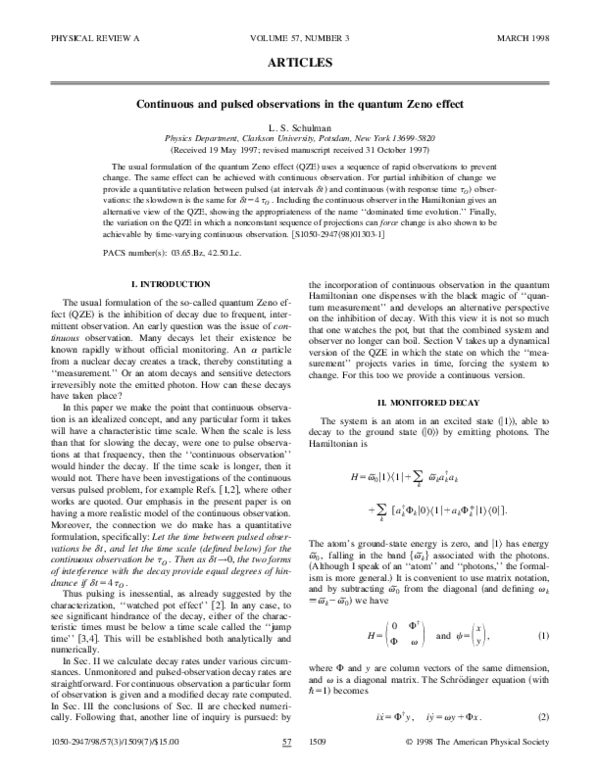 (PDF) Continuous and pulsed observations in the quantum Zeno effect