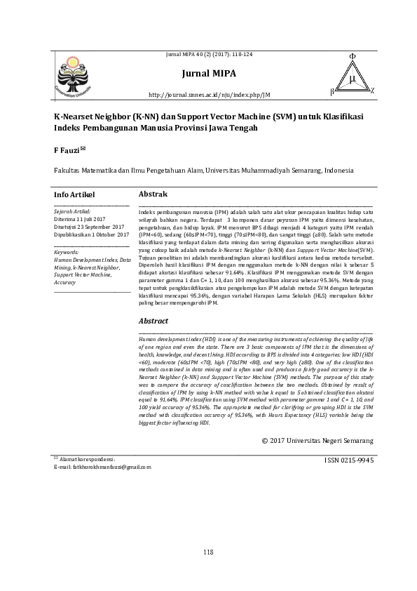 (PDF) K-Nearset Neighbor (K-NN) dan Support Vector Machine (SVM) untuk Klasifikasi Indeks ...