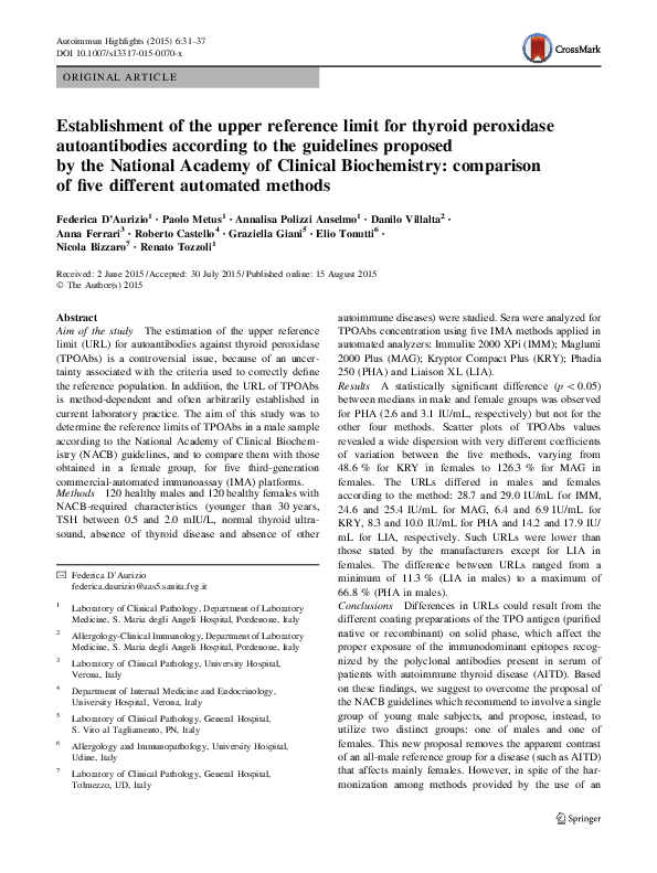 (PDF) Establishment of the upper reference limit for thyroid peroxidase ...