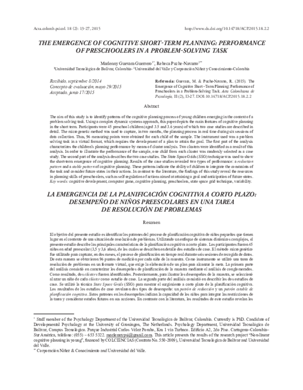 (PDF) The emergence of cognitive short-term planning: Performance of preschoolers in a problem ...