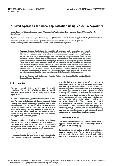 Pdf A Novel Approach For Clone App Detection Using Vaders Algorithm