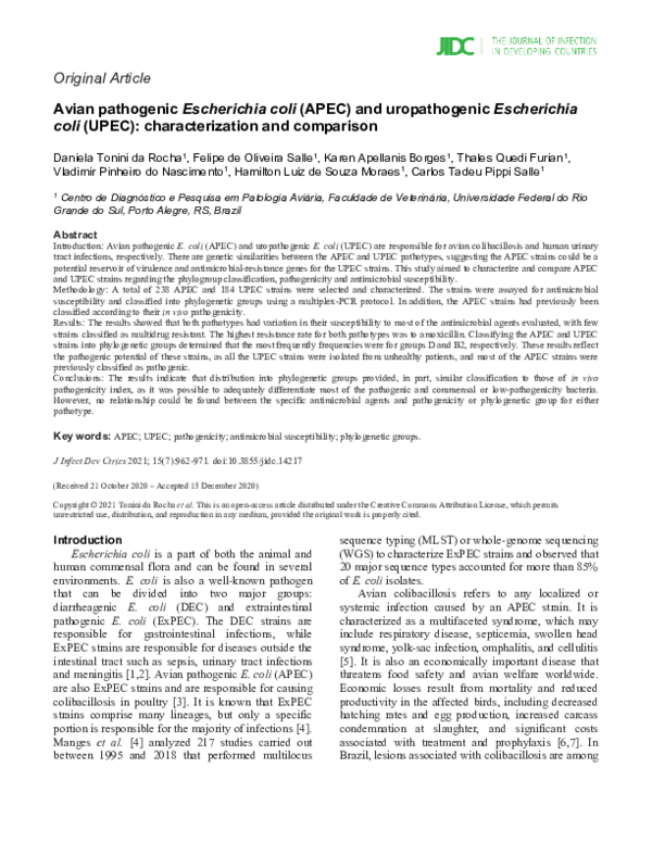(PDF) Avian pathogenic Escherichia coli (APEC) and uropathogenic ...