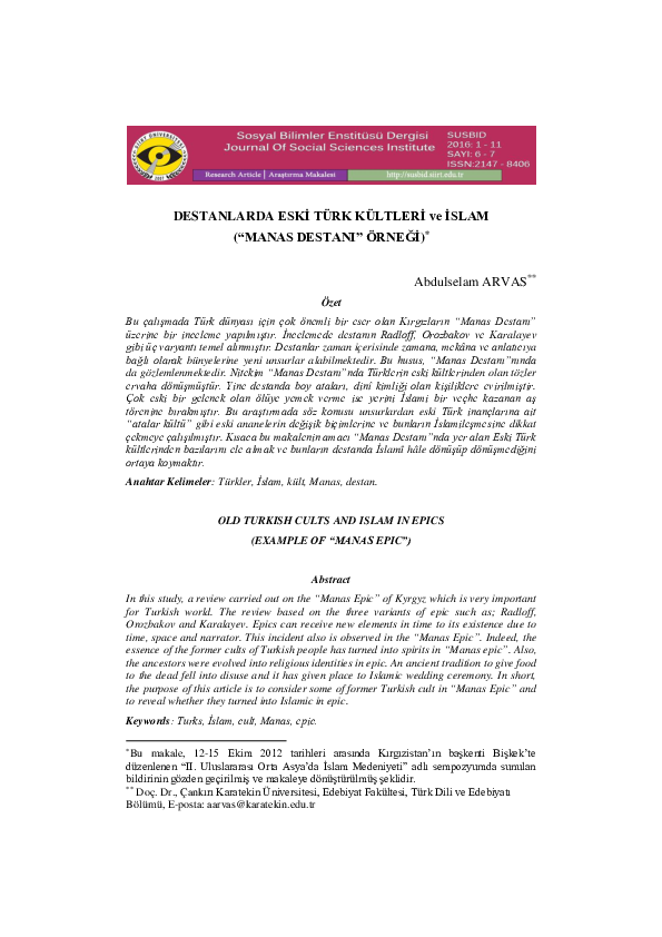 (PDF) DESTANLARDA ESKİ TÜRK KÜLTLERİ ve İSLAM (“MANAS DESTANI” ÖRNEĞİ ...