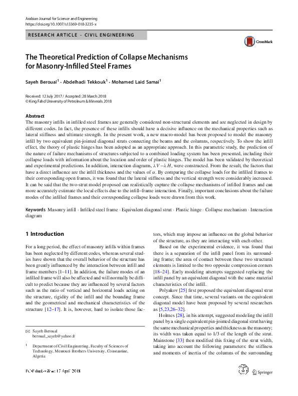 (PDF) The Theoretical Prediction of Collapse Mechanisms for Masonry-Infilled Steel Frames