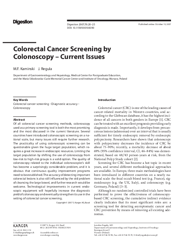 (PDF) Colorectal Cancer Screening by Colonoscopy – Current Issues | J. Regula - Academia.edu