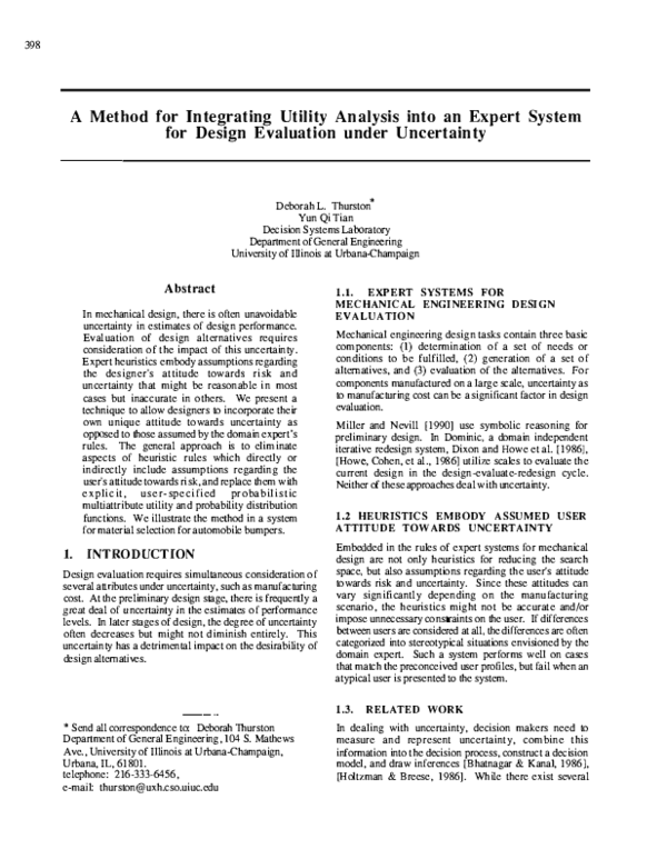 (PDF) A Method for Integrating Utility Analysis into an Expert System for Design Evaluation