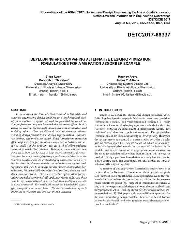 (PDF) Developing and Comparing Alternative Design Optimization Formulations for a Vibration ...