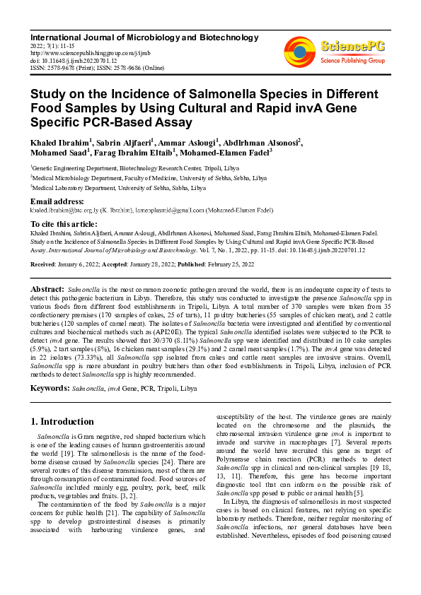 (PDF) Study on the Incidence of Salmonella Species in Different Food ...