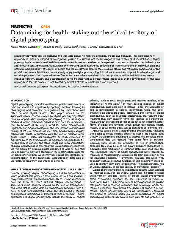 (PDF) Data mining for health: staking out the ethical territory of digital phenotyping