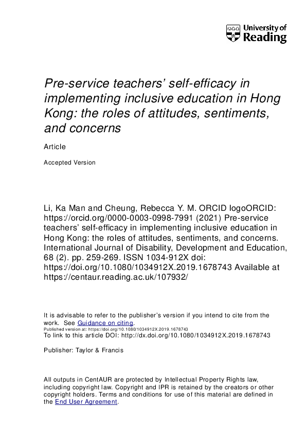 (PDF) Pre-service Teachers’ Self-efficacy in Implementing Inclusive Education in Hong Kong: The ...