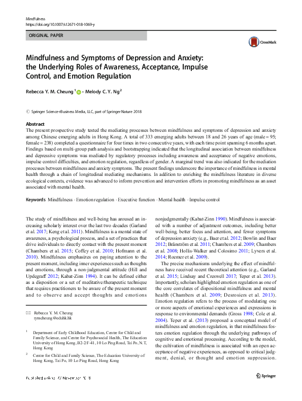 (PDF) Mindfulness and Symptoms of Depression and Anxiety: the Underlying Roles of Awareness ...
