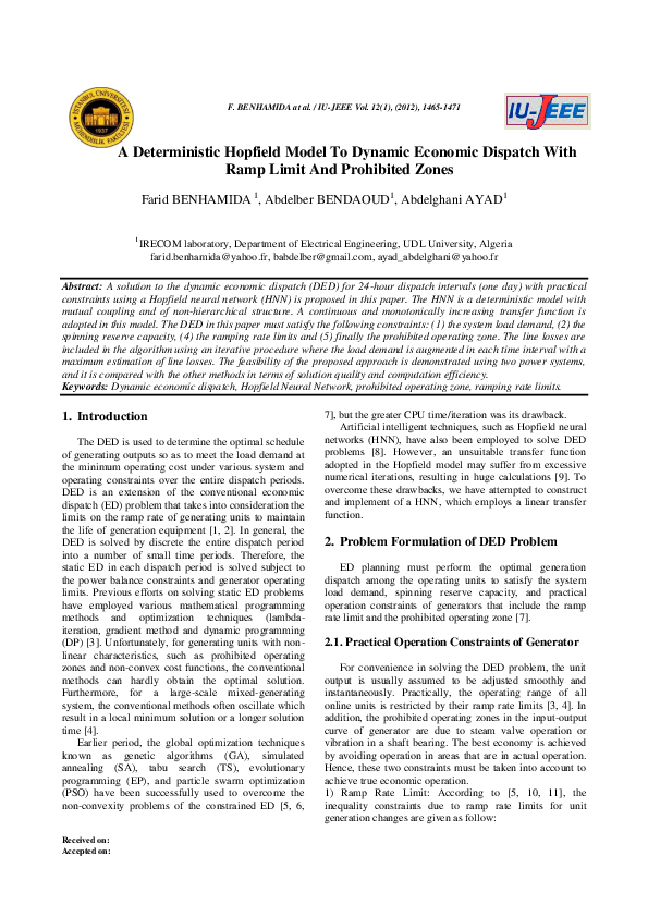 (PDF) A Deterministic Hopfield Model To Dynamic Economic Dispatch With Ramp Limit And Prohibited ...