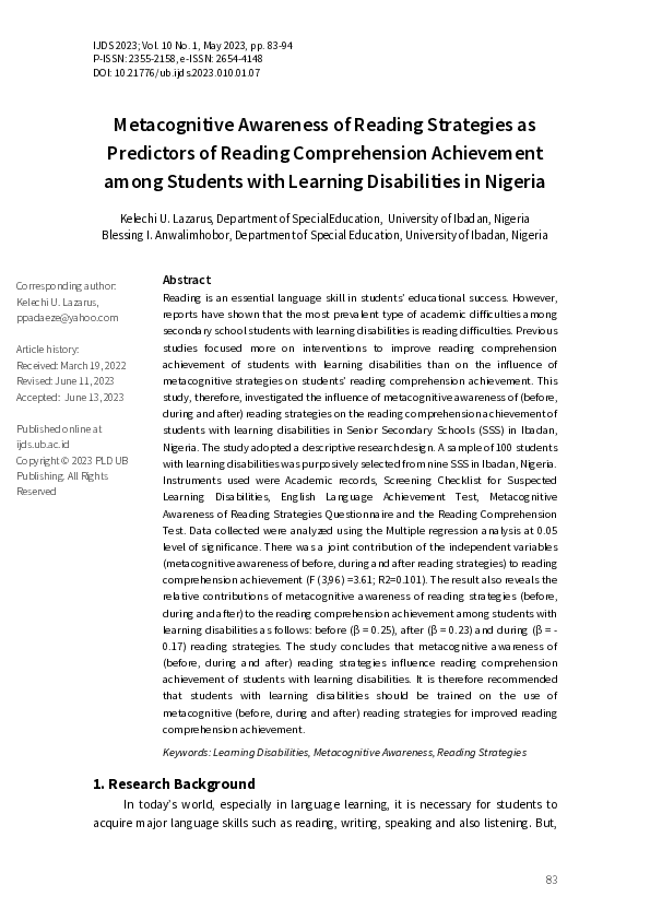 (PDF) Metacognitive Awareness of Reading Strategies as Predictors of Reading Comprehension ...