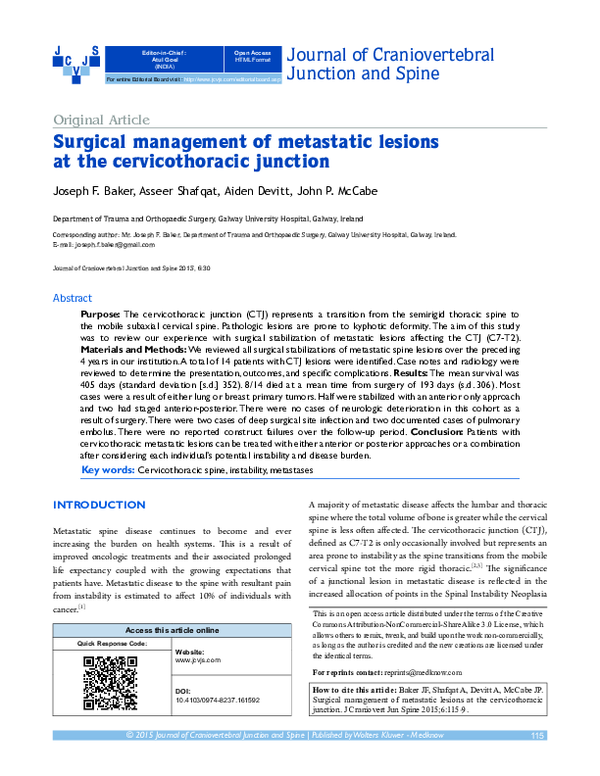 (PDF) Surgical management of metastatic lesions at the cervicothoracic junction