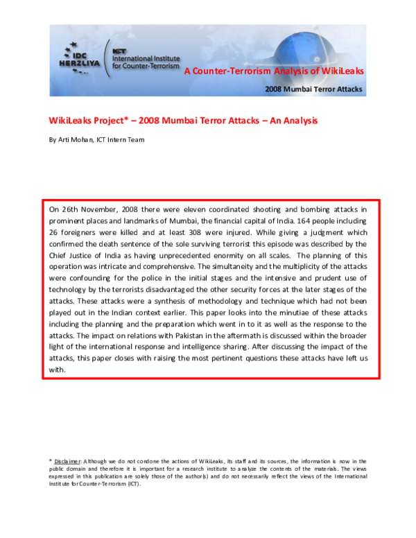 (PDF) WikiLeaks Project*-2008 Mumbai Terror Attacks-An Analysis A Counter-Terrorism Analysis of ...