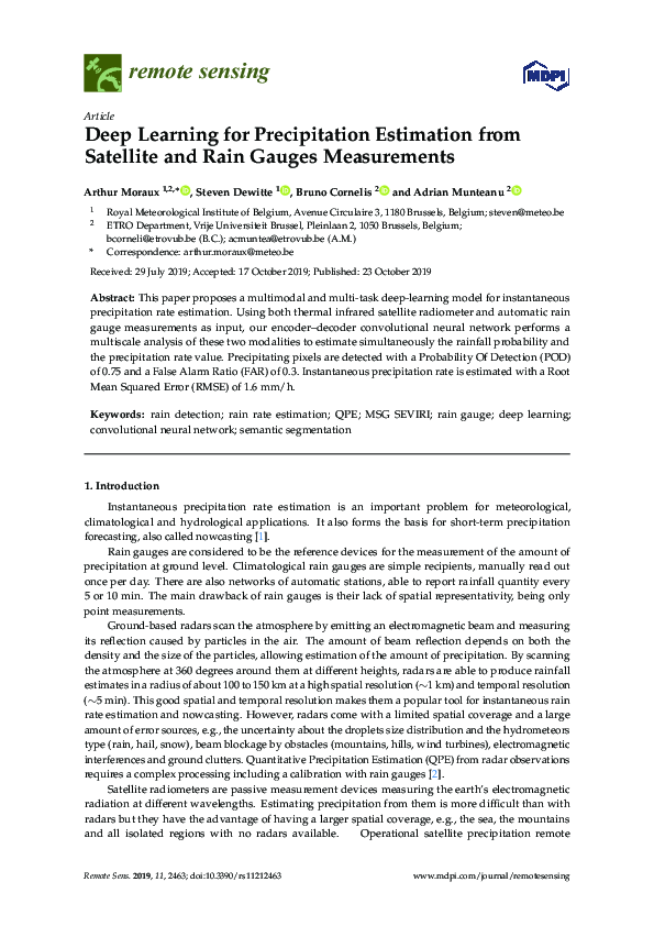 (PDF) Deep Learning for Precipitation Estimation from Satellite and Rain Gauges Measurements