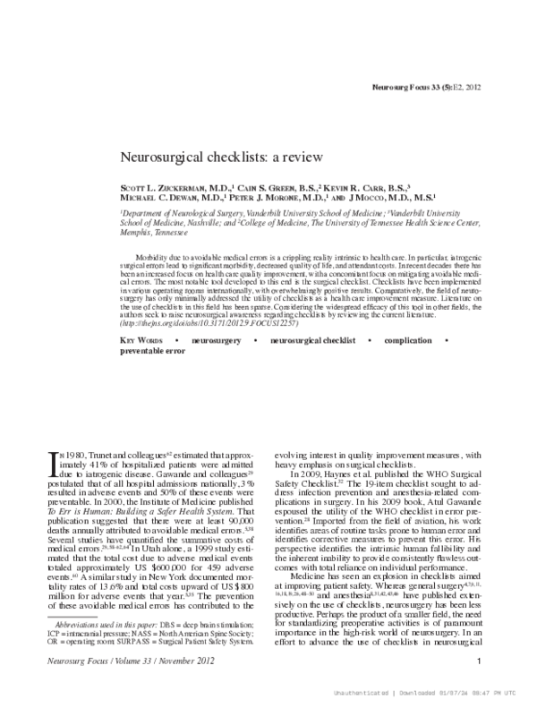 (PDF) Neurosurgical checklists: a review