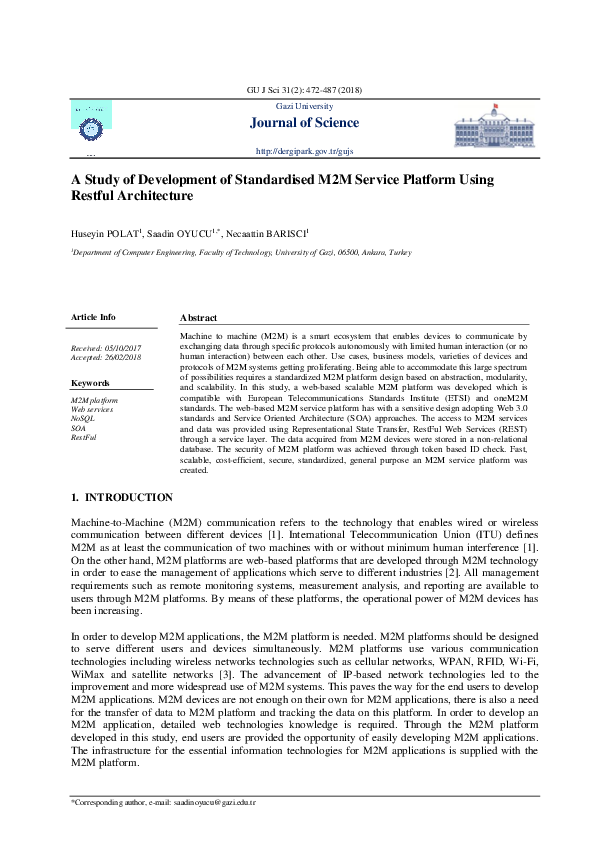 (PDF) A Study of Development of Standardised M2M Service Platform Using Restful Architecture