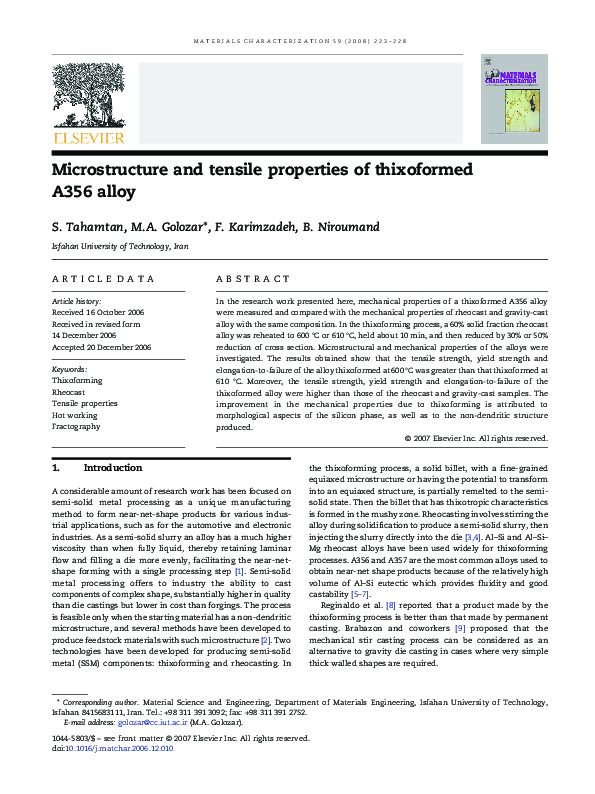 (PDF) Microstructure and tensile properties of thixoformed A356 alloy