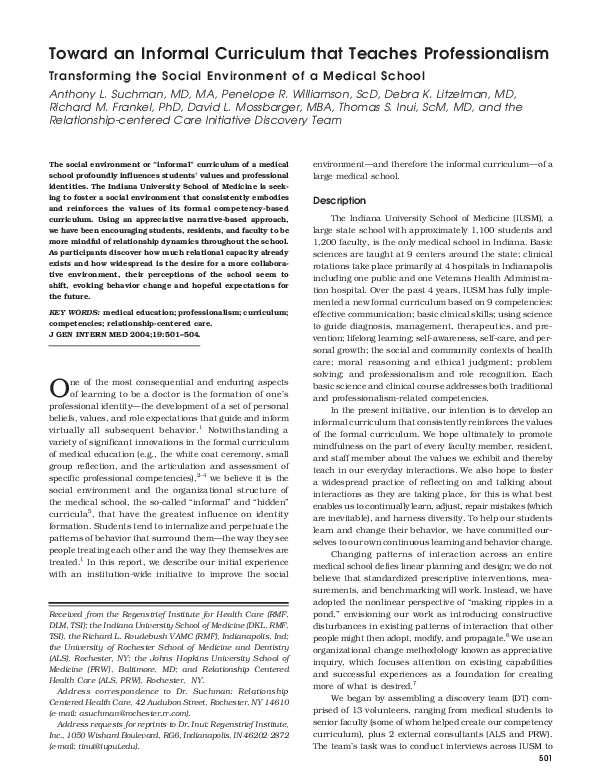 (PDF) Toward an informal curriculum that teaches professionalism