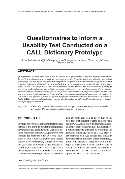 (PDF) Questionnaires to Inform a Usability Test Conducted on a CALL ...