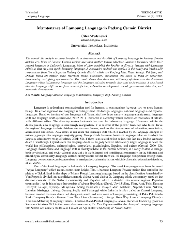 (PDF) Maintenance of Lampung Language in Padang Cermin District