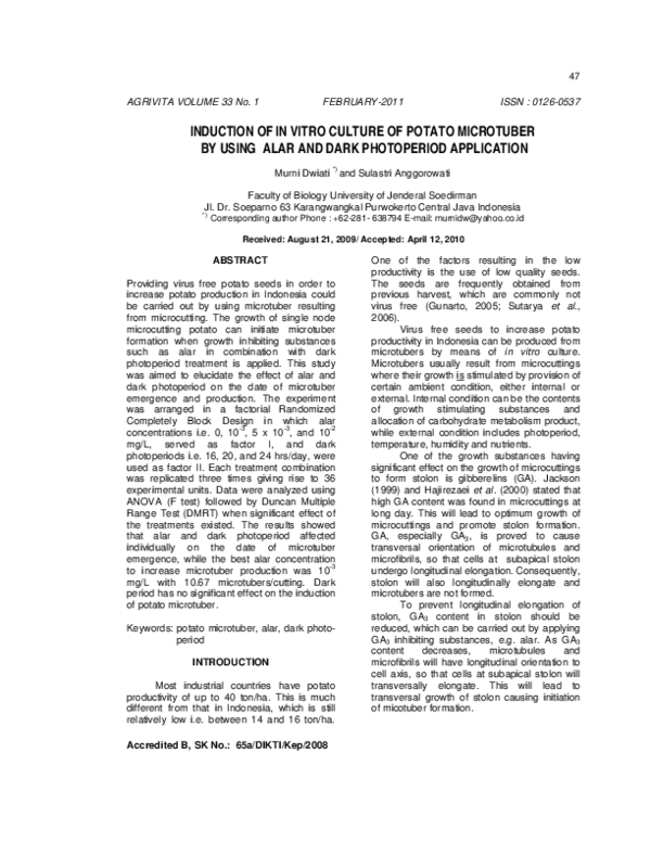 (PDF) Induction of In Vitro Culture of Potato Microtuber by Using Alar ...