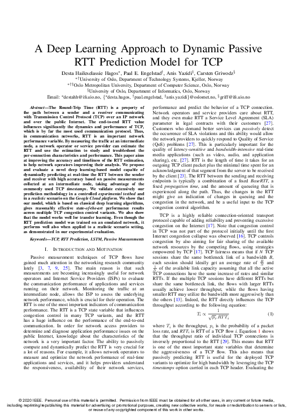 (PDF) A Deep Learning Approach to Dynamic Passive RTT Prediction Model for TCP