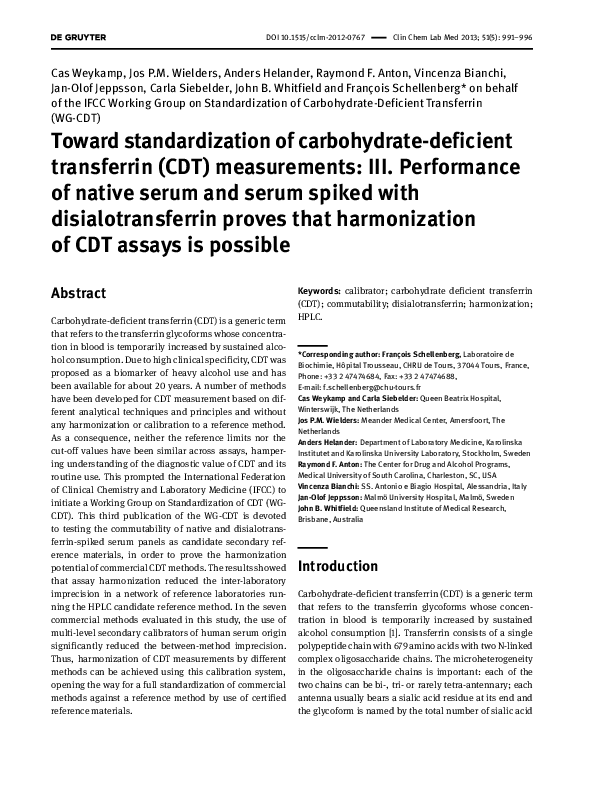 (PDF) Toward standardization of carbohydrate-deficient transferrin (CDT ...